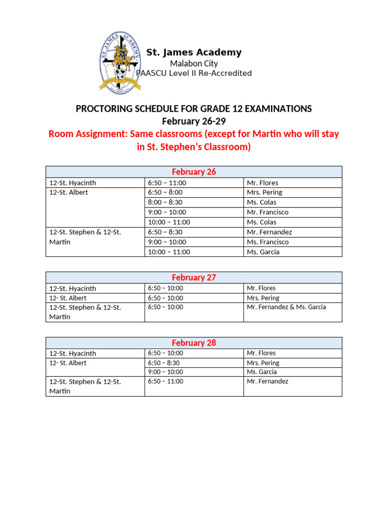 PROCTORING-SCHEDULE-FOR-GRADE-12-EXAMINATIONS | PDF