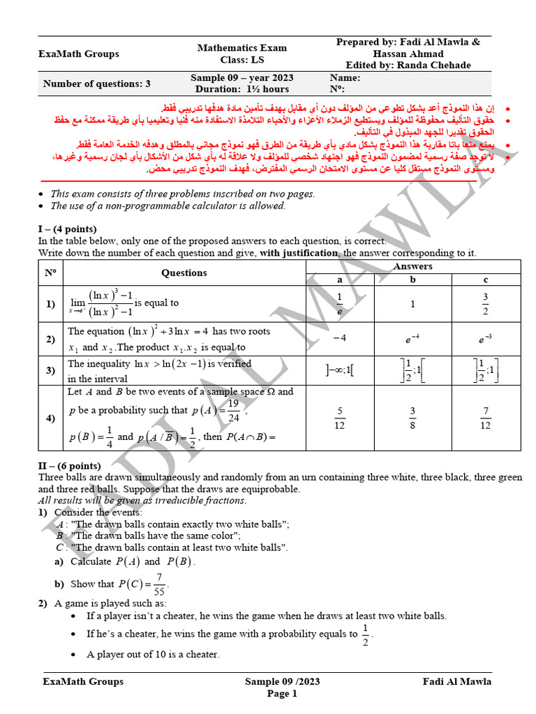 Examath - LS Sample 09 E - 2023 | PDF | Slope | Function (Mathematics)