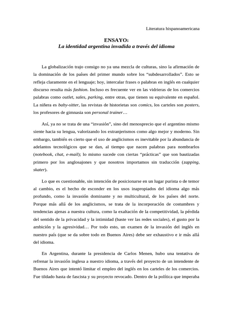 Ensayo - La Identidad Argentina Invadida A Través Del Idioma | PDF ...