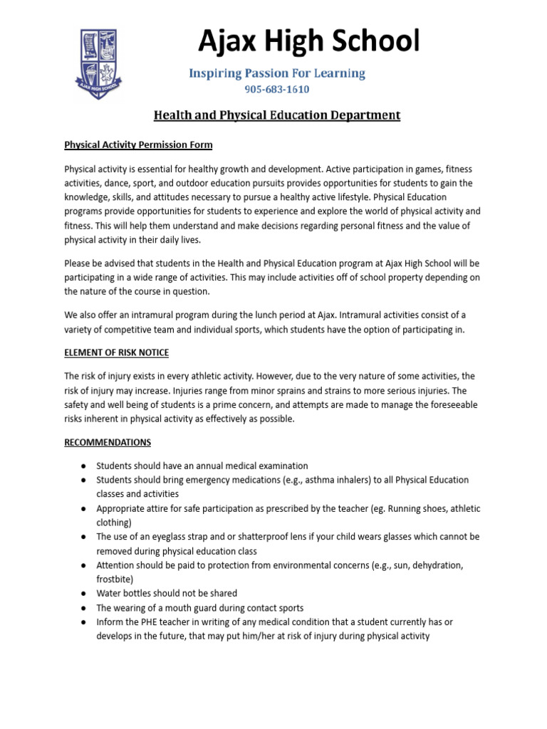 Ajax High School Activity Consent Form | PDF