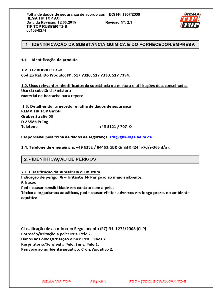 FDS SDS Borracha T2-B | PDF | Química