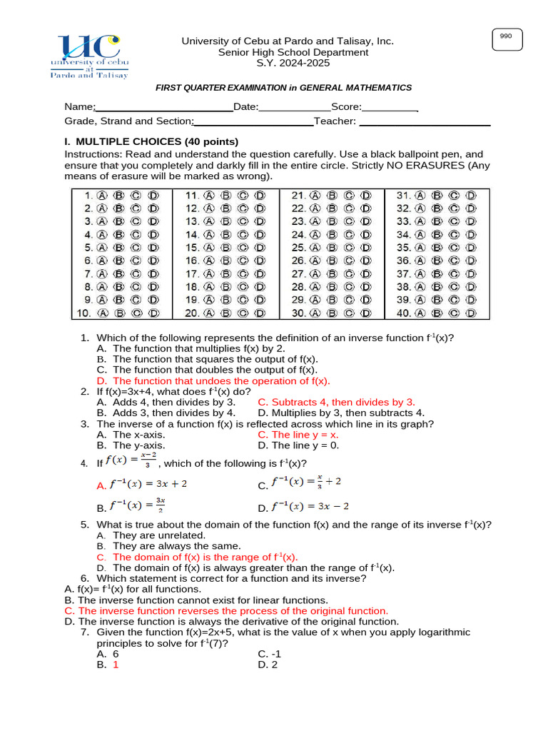 ANSWER KEY-GENMATH QUARTER | PDF | Logarithm | Function (Mathematics)
