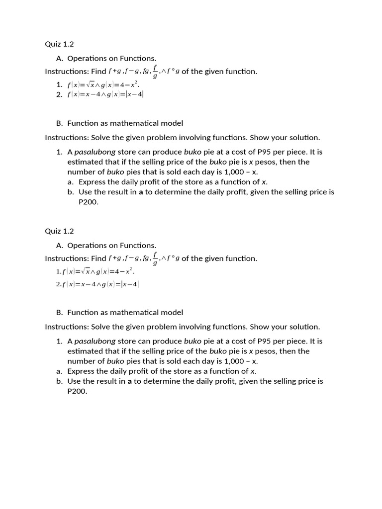 Genmath Quiz - OPeration On Functions | PDF