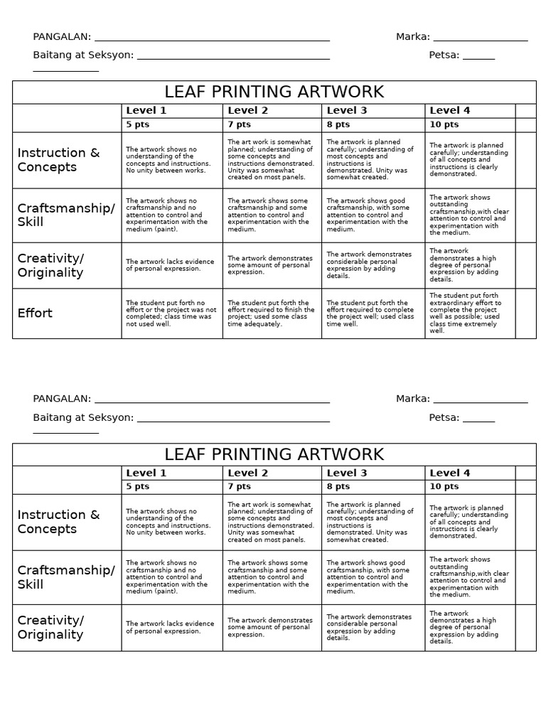 Leaf Printing Rubric | PDF | Cognitive Science | Mental Processes