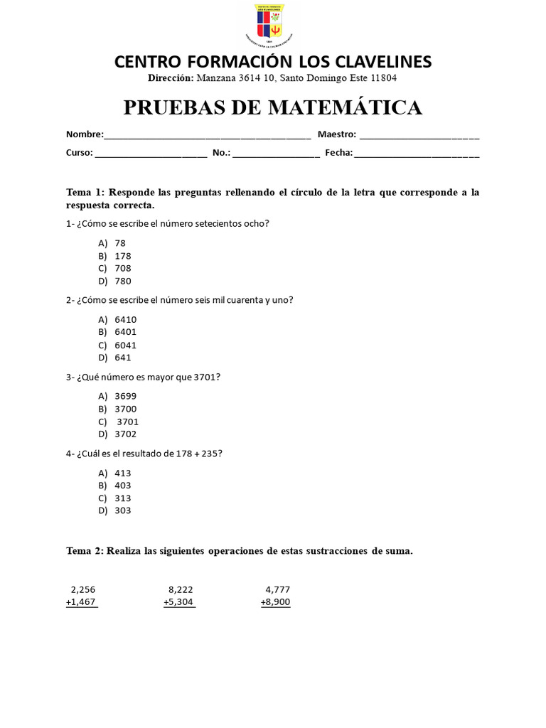 PRUEBAS DE MATEMATICA | PDF