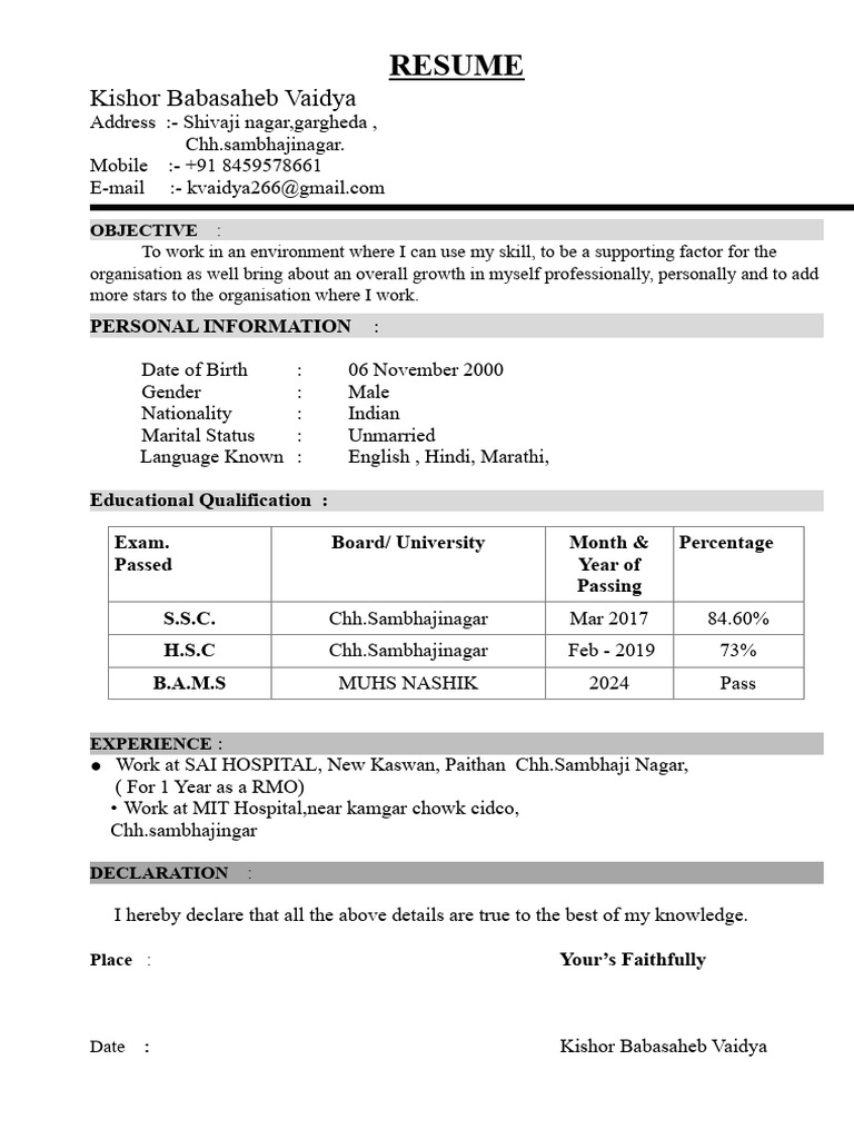 Resume: Kishor Babasaheb Vaidya | PDF