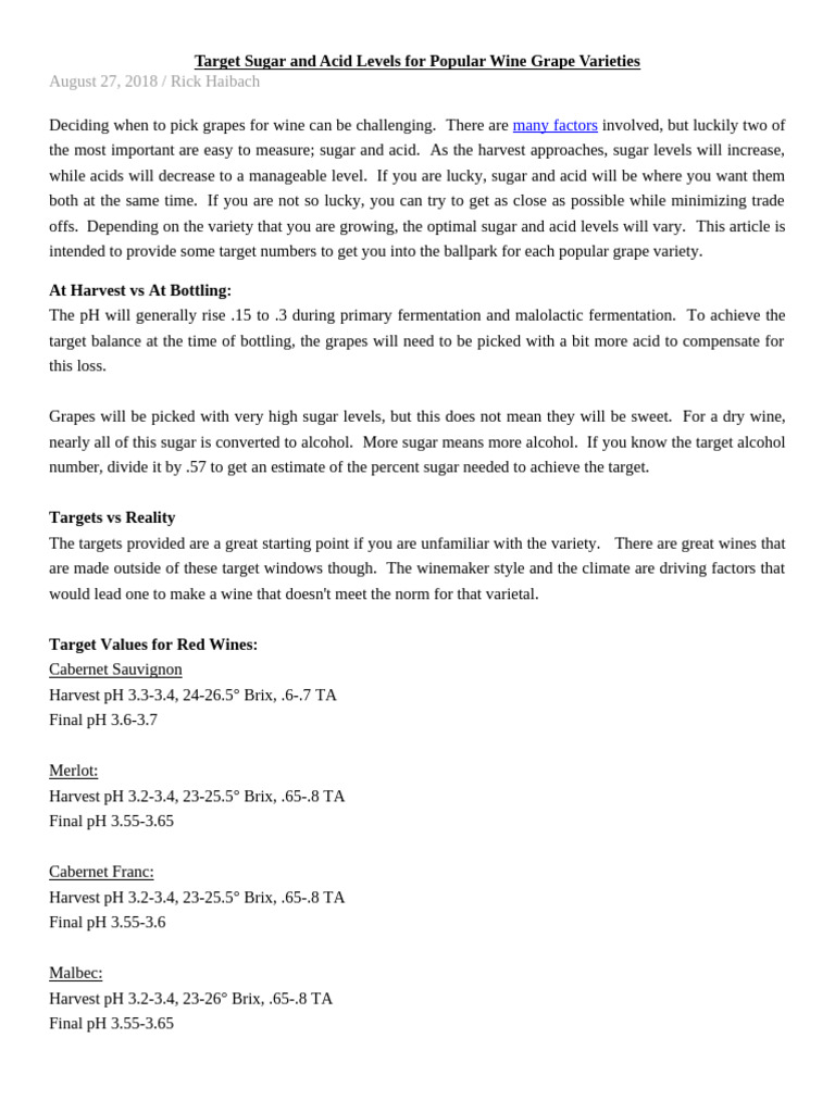 Optimal Sugar and Acid Levels for Wine Grapes | PDF | Wine | Grape