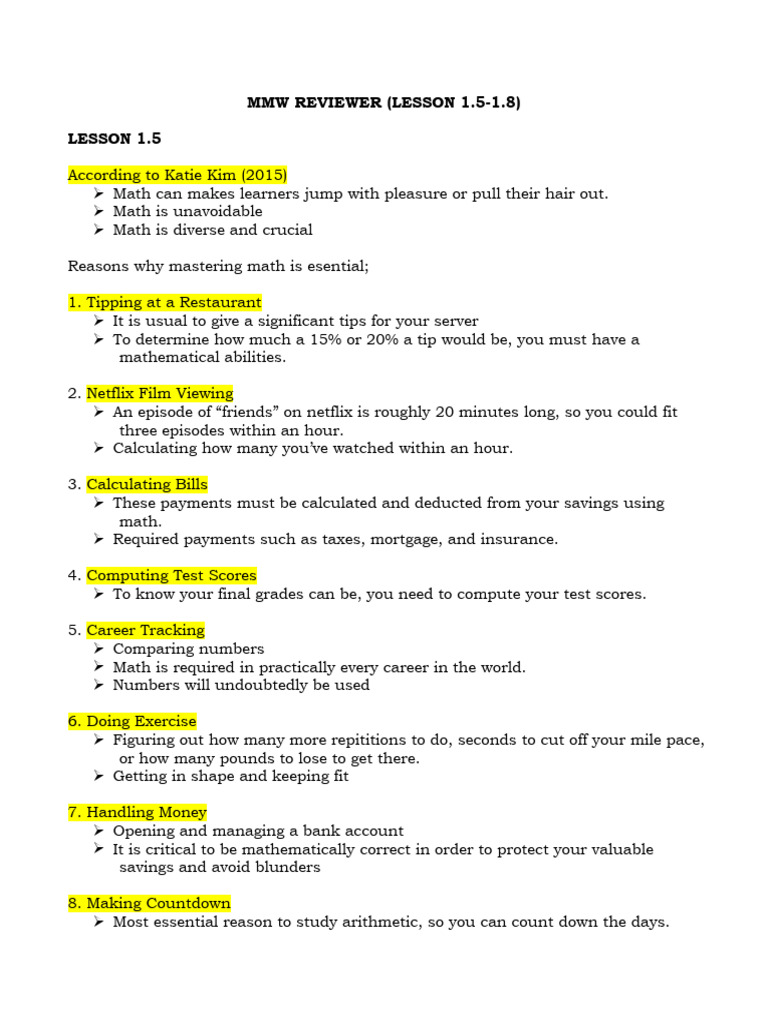 MMW Reviewer Lesson 1.5-1.8 | PDF | Mathematics | Numbers