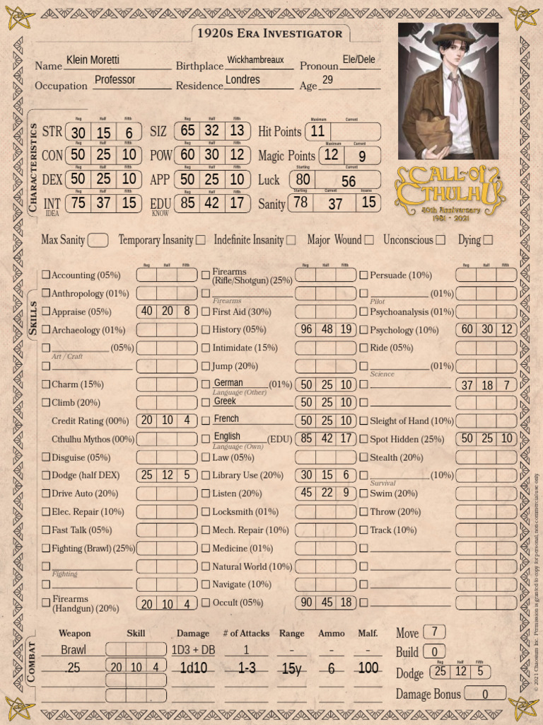 CoC - Klein Moretti - Ficha Editável-Copy | PDF