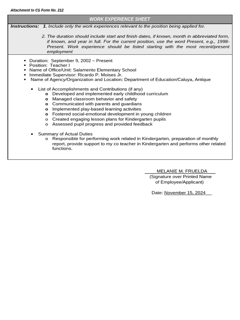 work experience sheet1 | PDF