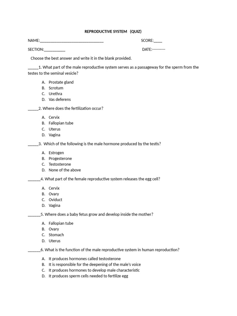 REPRODUCTIVE SYSTEM Quiz | PDF