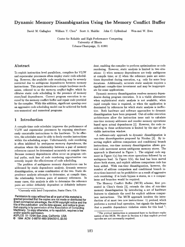 Dynamic Memory Disambiguation Using The Memory Conflict Buffer | PDF | Cpu Cache | Central ...