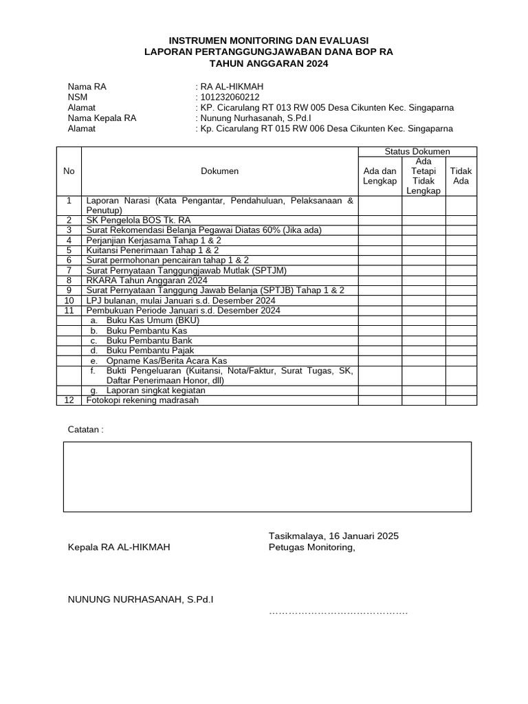 Instrumen Monitoring LPJ BOP RA 2024 | PDF