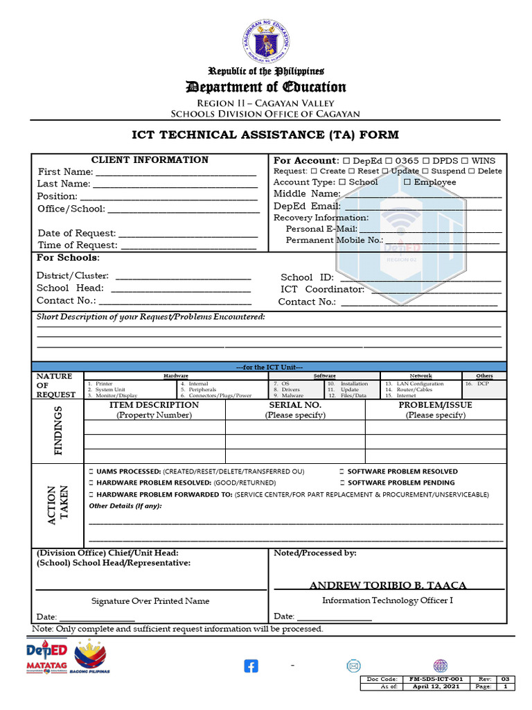 FM-SDS-ICT-001-ICT-TA-FORM | PDF | Computer Networking | Computing
