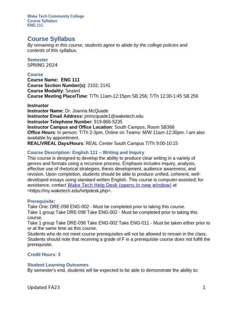 ENG 111 Syllabus - Wake Tech Spring 2024 | PDF | Essays | Plagiarism