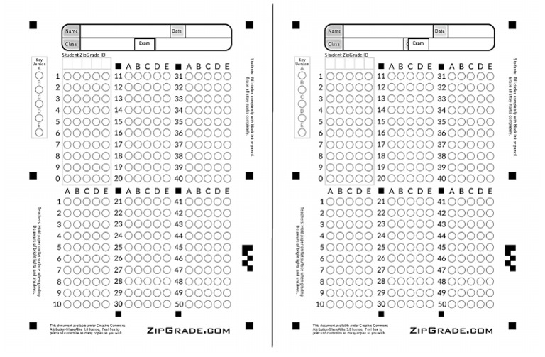 Zip Grade 50 Questions 2-Pages Long - Final | PDF