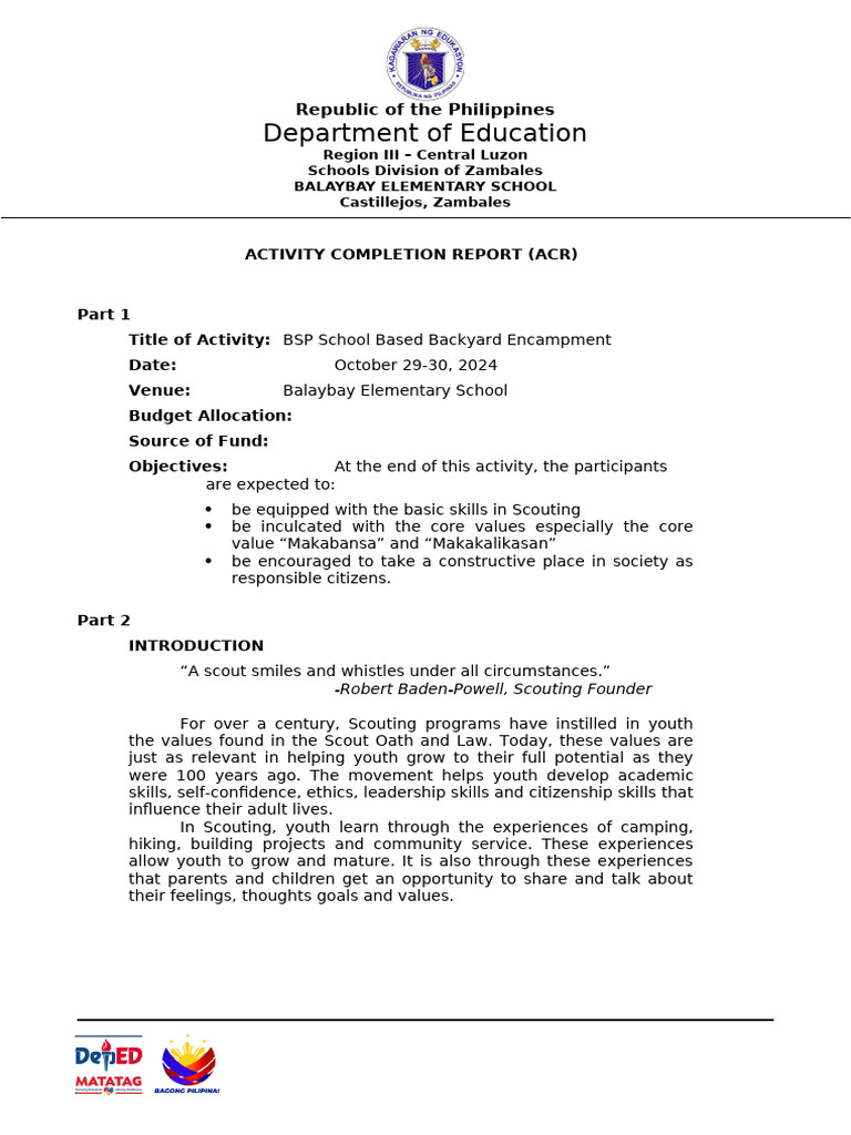 ACR BSP CAMPING 2024 | PDF | Scouting | Outdoor Recreation Organizations