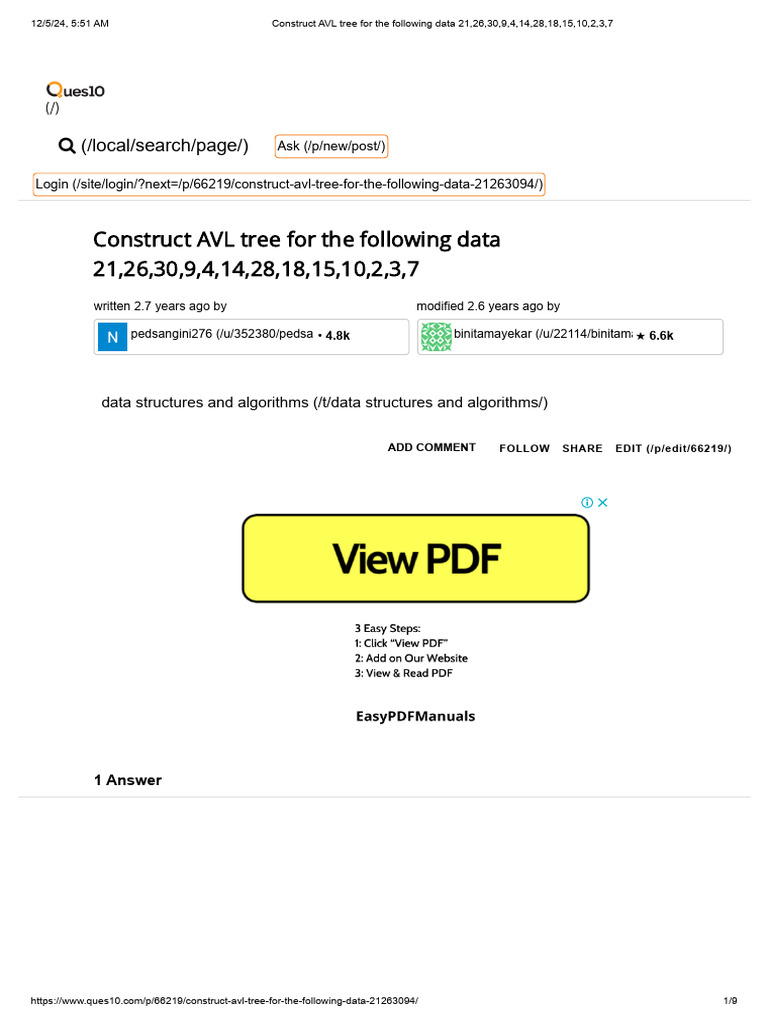 Construct AVL Tree For The Following Data 21,26,30,9,4,14,28,18,15,10,2,3,7 | PDF | Algorithms ...