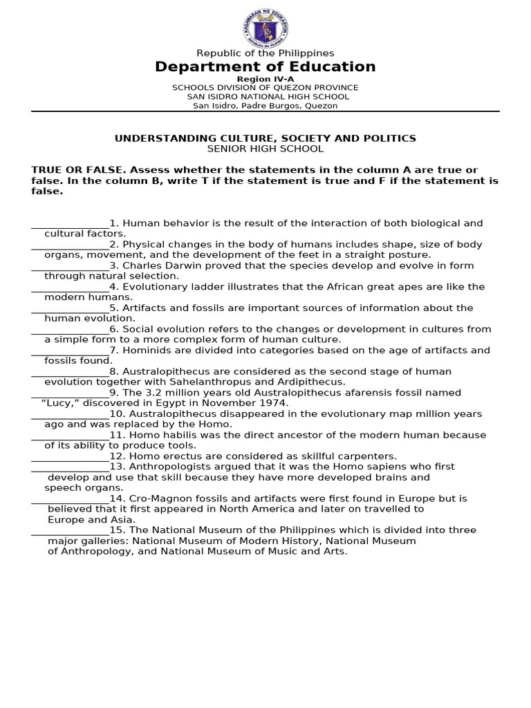Grade 12 Summative Test in Ucsp | PDF | Homo | Human Evolution