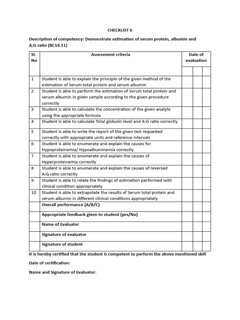 SA checklist TP and Albumin | PDF