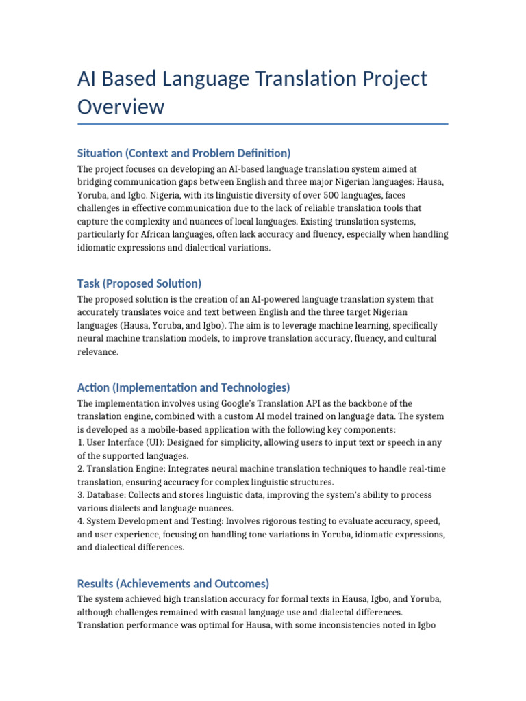AI Based Language Translation Project Overview | PDF | Translations ...