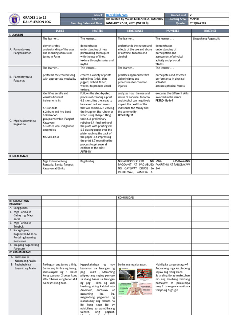 DLL - MAPEH 5 - Q3 - W8 v2 | PDF