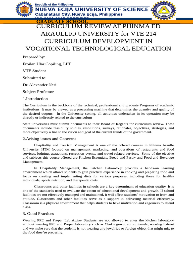 Curriculum Review for VTE at PHINMA AU | PDF | Curriculum | University