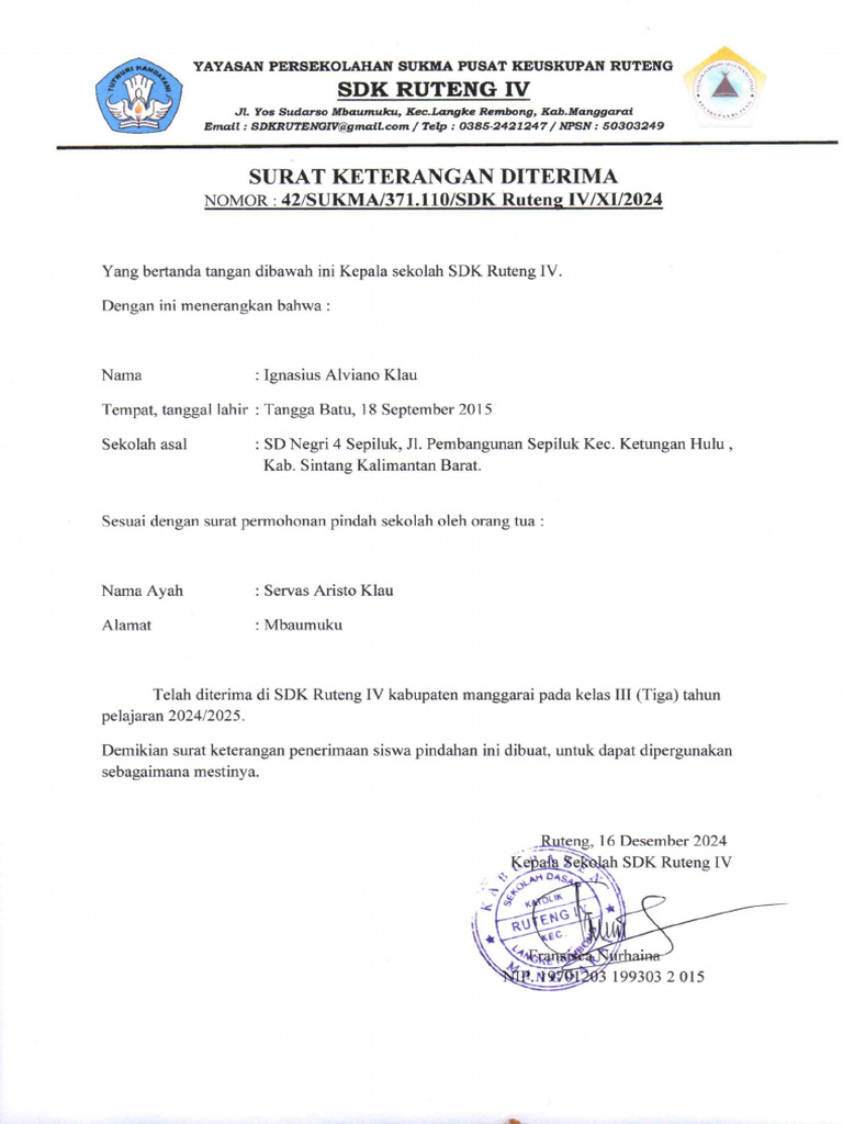 Surat Keterangan Diterima Igansius Alviano Klau20241216 | PDF