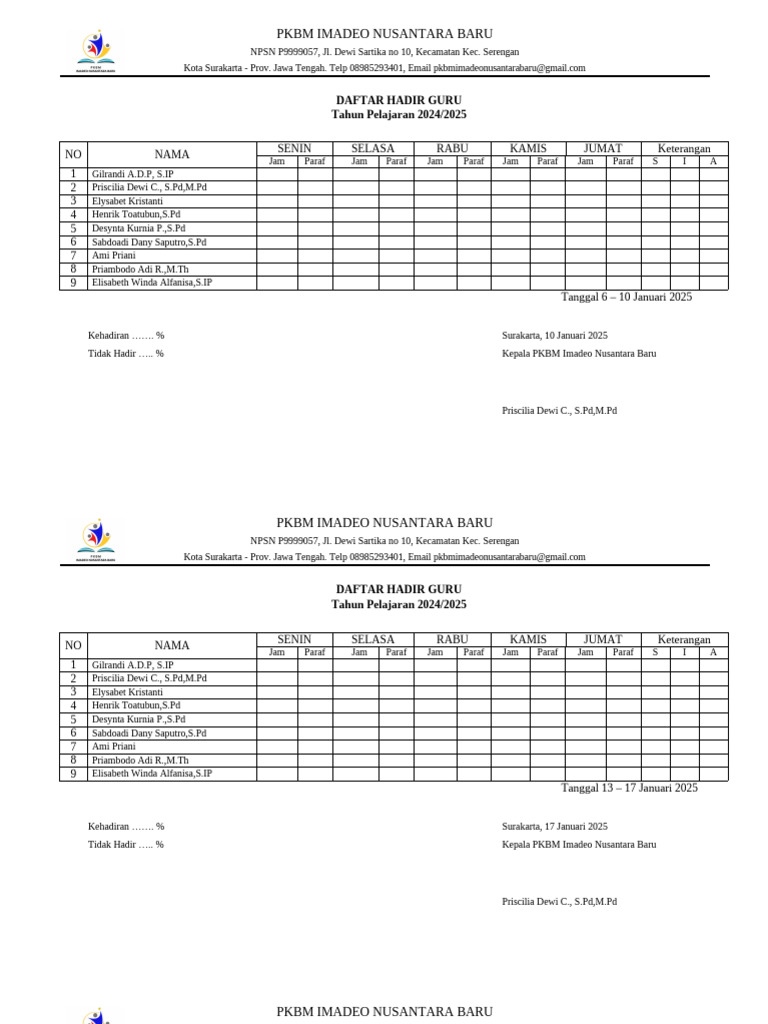 Daftar Hadir Guru PKBM Imadeo 2024/2025 | PDF