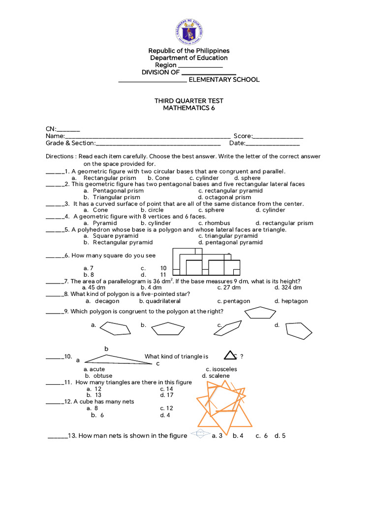 PT-MATHEMATICS-6-Q3 V2vffggh | PDF | Shape | Rectangle