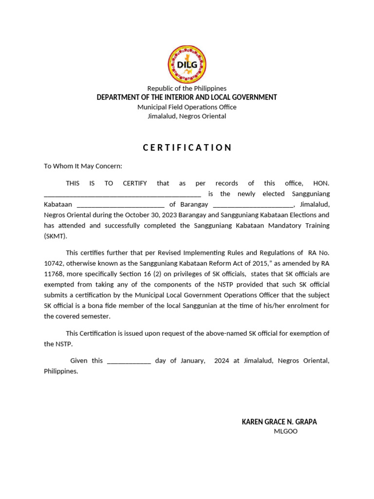 CERTIFICATIONS SK Exemption From NSTP | PDF