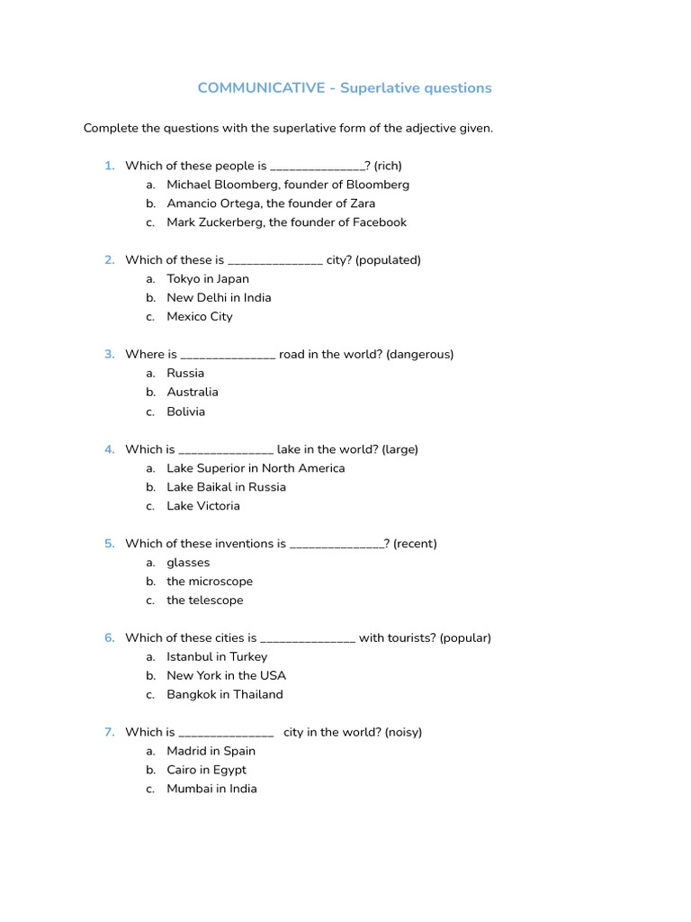 COMMUNICATIVE - Superlative Questions - PREINT | PDF