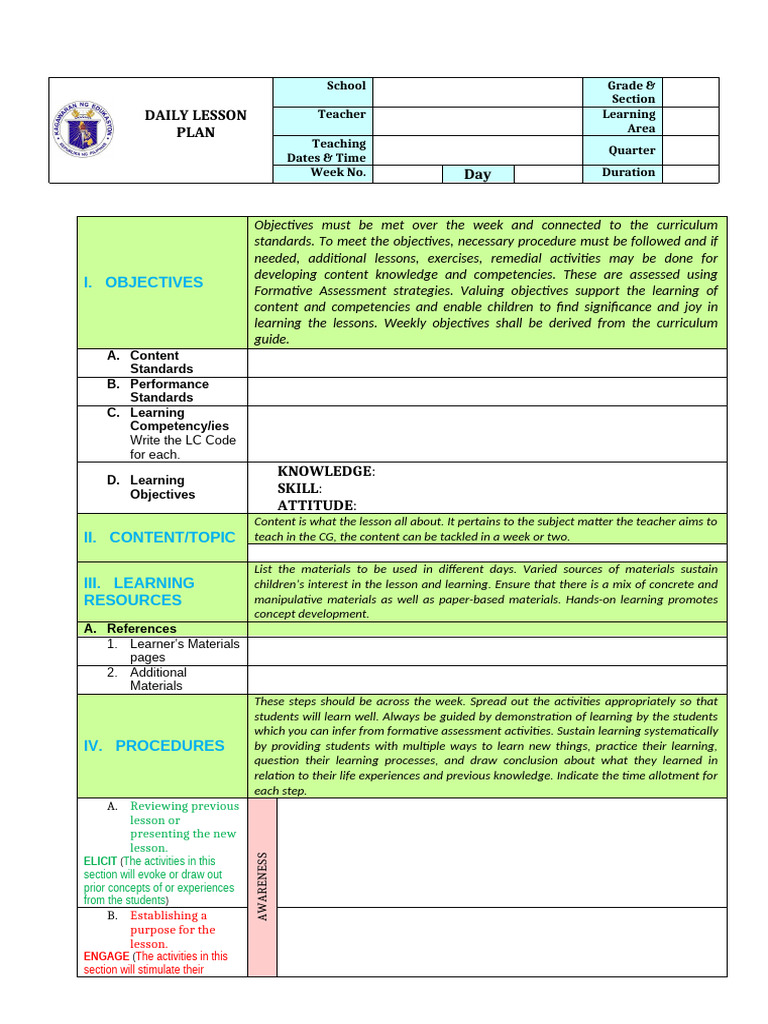 Weekly Lesson Plan Template | PDF | Learning | Educational Assessment