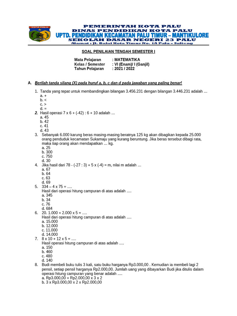 Soal Pts Mtk Kls 6 Semester 1 | PDF