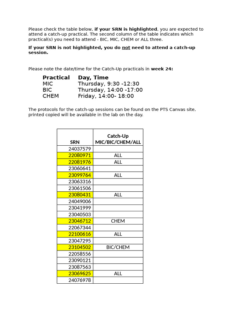 Catch-Up Practical Attendance List | PDF