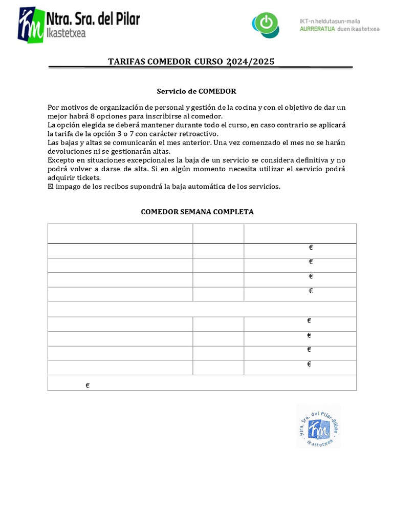 Tarifas Comedor 2024/2025: 8 Opciones | PDF
