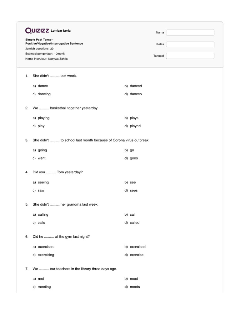 Simple Past Tense - Positive-Negative-Interrogative Sentence - Quizizz ...