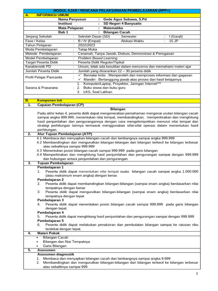 RPP MTK KLS Iv SMS 1 | PDF