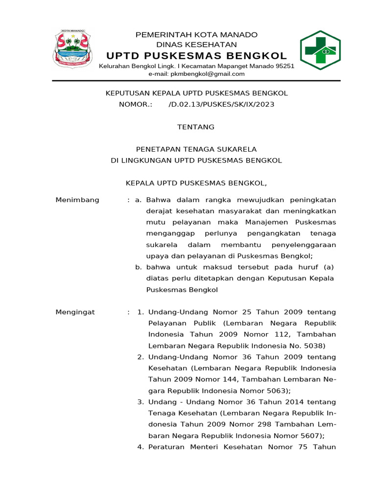 Penetapan Tenaga Sukarela Puskesmas Bengkol | PDF