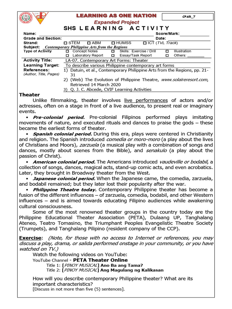 CPAR LAS 7 Contemporary Art Forms - Theater | PDF | Theatre | Philippines