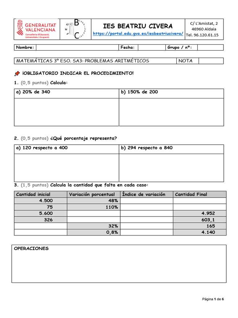 Problemas Aritméticos 3º ESO IES Beatriu Civera | PDF