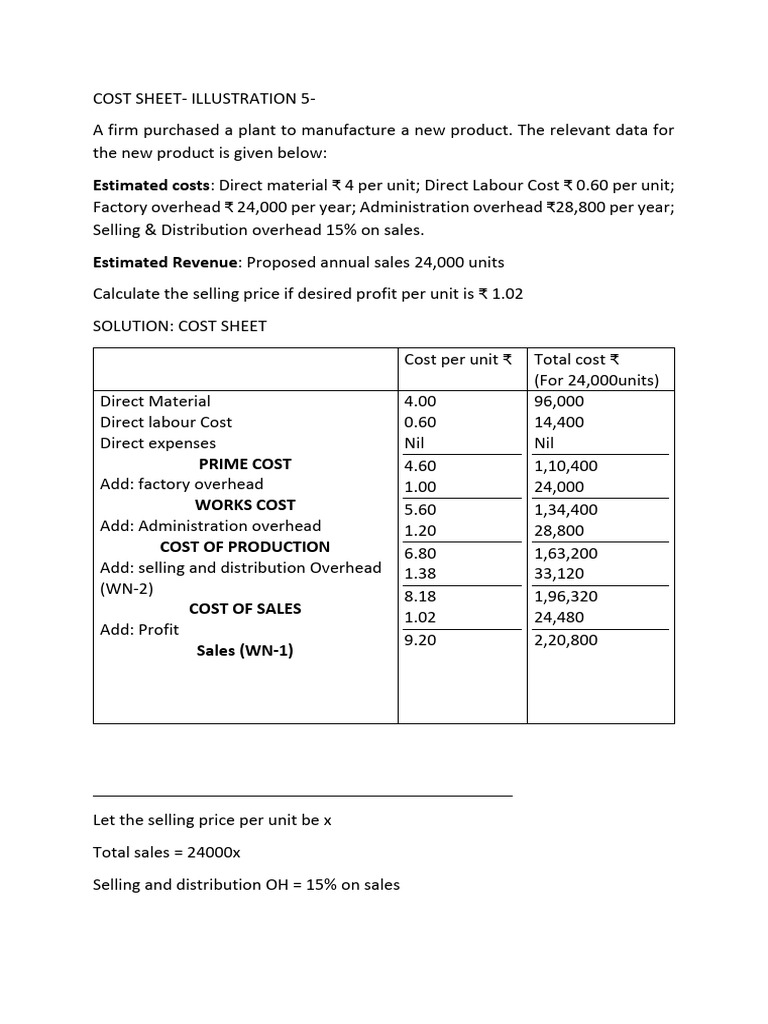 COST SHEET Illustration 5 | PDF