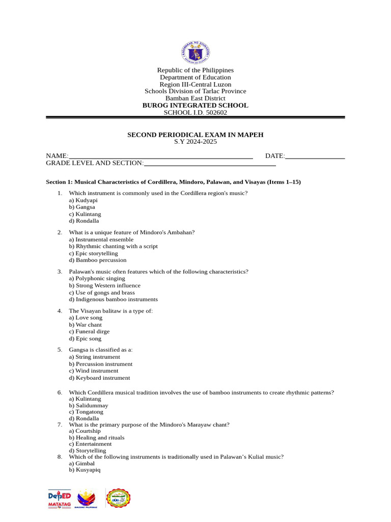 MAPEH Periodical Exam for Grade Levels | PDF