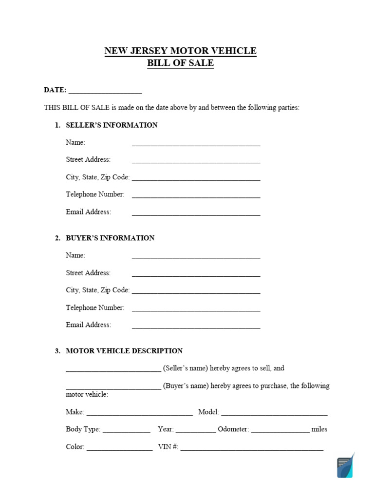New Jersey Motor Vehicle Bill of Sale Template | PDF | Taxes | Prices