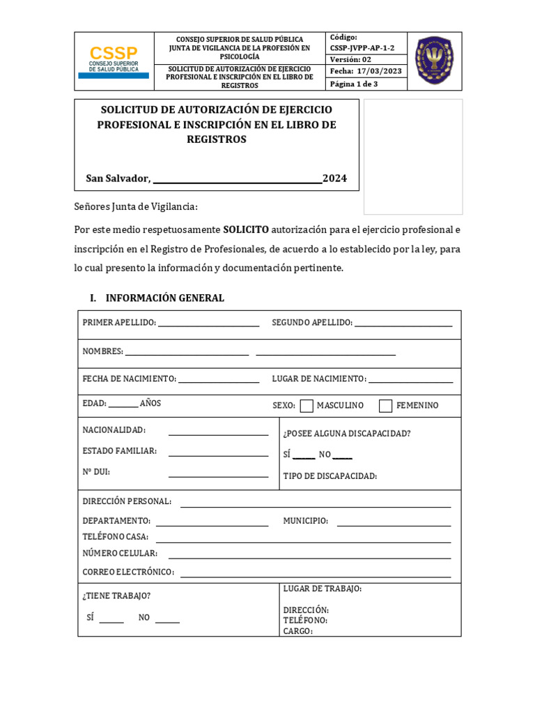 Cssp Jvpp Ap 1 2 Solicitud De Autorizacion De Ejercicio Profesional E