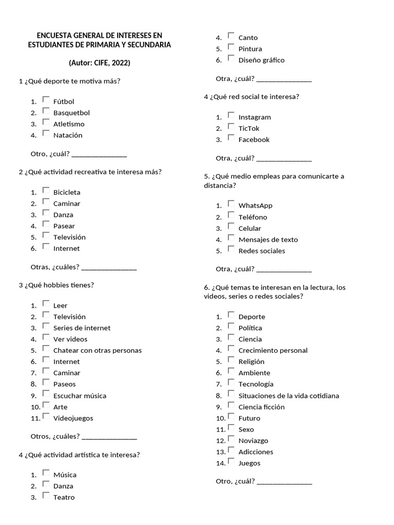 Encuesta General de Intereses Primaria y Secundaria | PDF