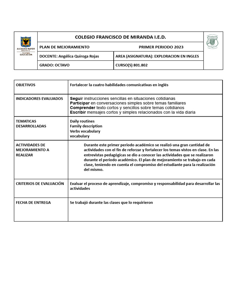 Plan de Mejoramiento Second Term | PDF