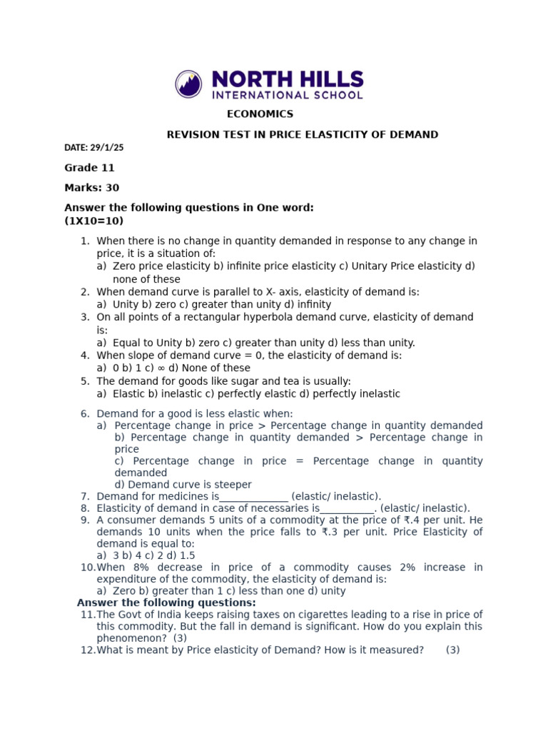 Revision Test in Price Elasticity of Demand G11 Nhis | PDF | Demand ...