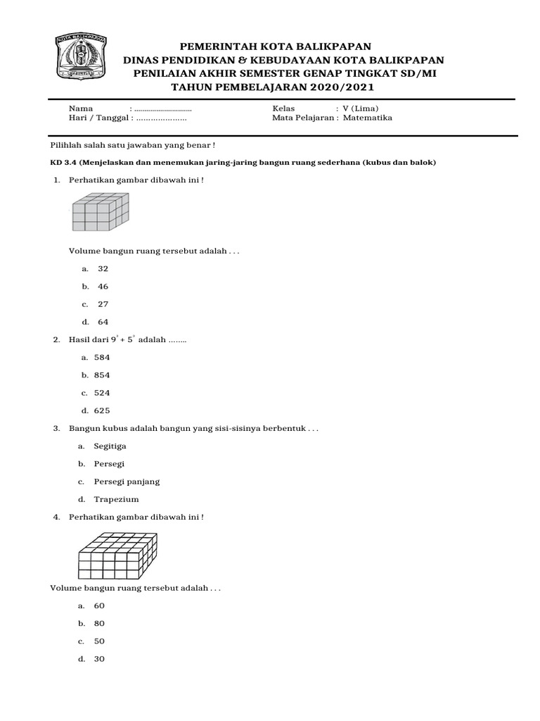 SOAL PAS 2 Matematika Kelas 5 2021 | PDF