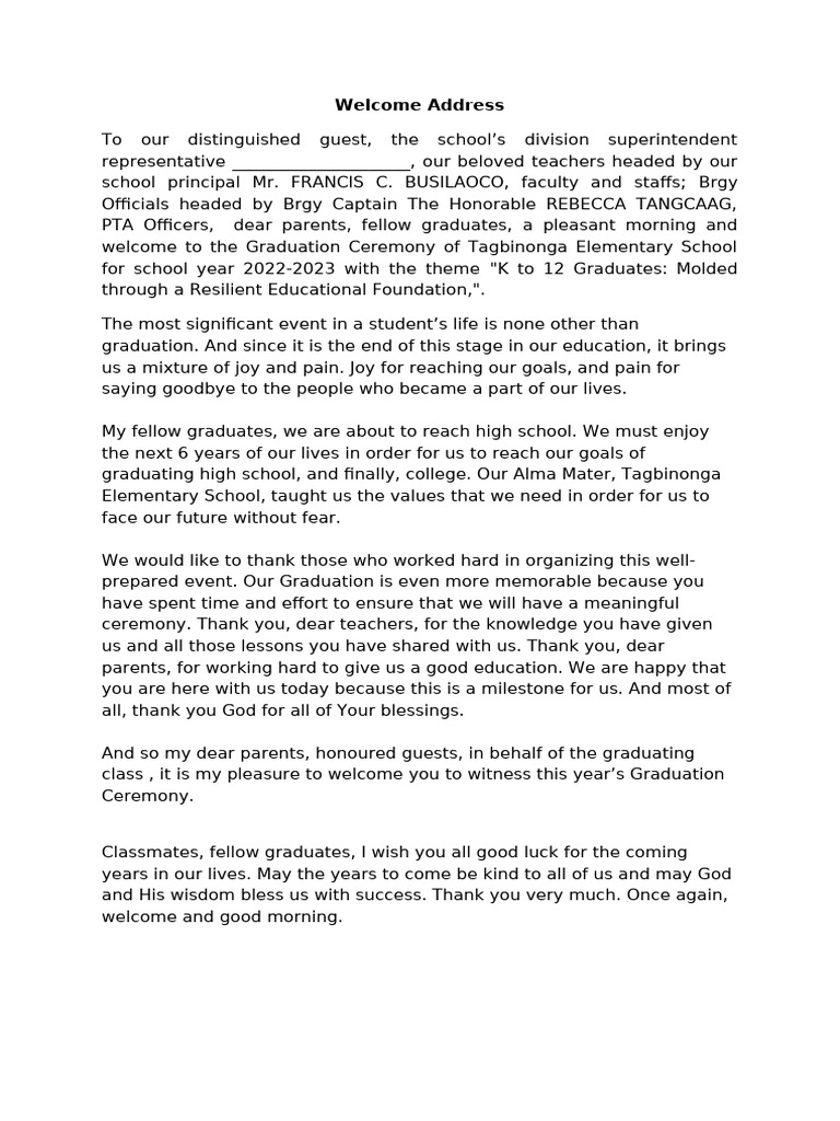 Graduation Ceremony Welcome Address 2022 | PDF